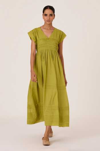 Buy Yellow Cotton V-neck Citron Green Pintucked Midi Dress For Women by ...