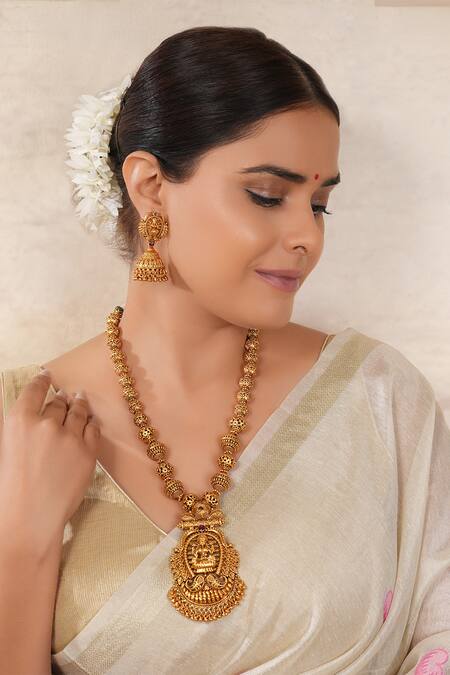 Buy Gold Plated Carved Maa Lakshmi Necklace Set by Smars Jewelry Online ...