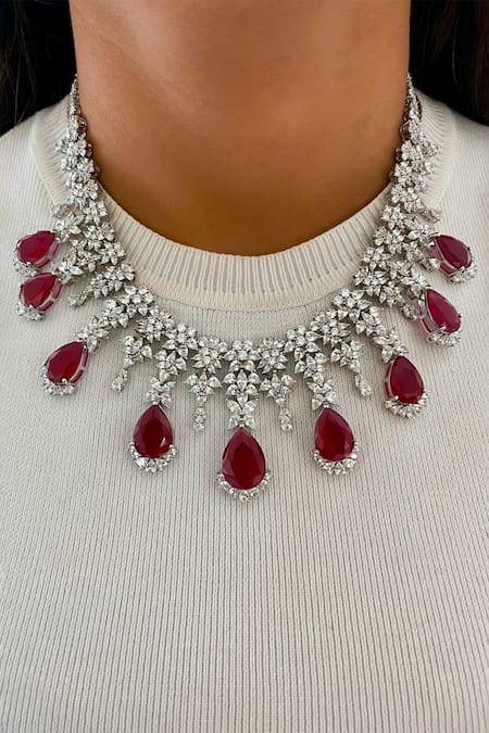 Buy Red Ruby And Diamond Stone Nine Drop Flower Necklace Set by Prerto ...