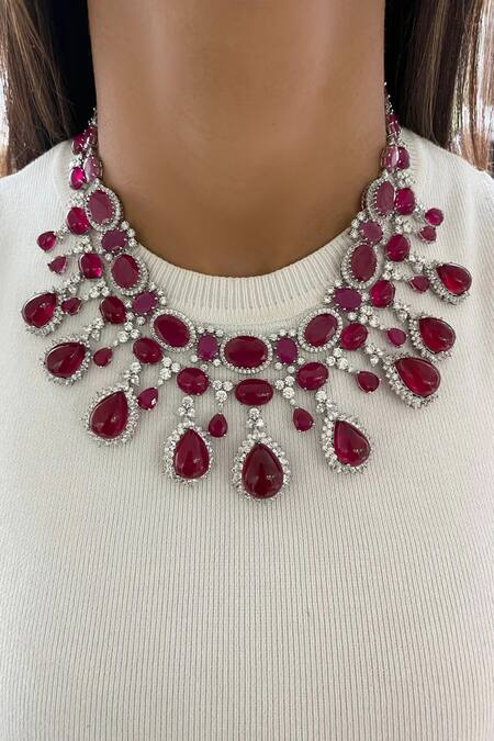 Buy Red Swarovski Crystals Ruby Cairn Diamond Jewellery Set by Prerto ...