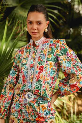 Buy Multi Color Cotton Lace Mandarin Collar Floral Print Co-ord Set For ...