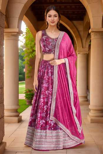 Buy Pink Slim Georgette Print Floral Round Neck Lehenga Set For Women ...