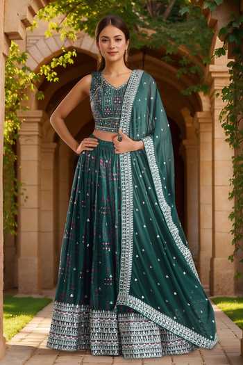 Buy Green Slim Georgette Print Tribal V Neck Lehenga Set For Women by ...