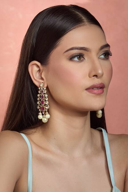 Buy Pink Moissanite Ruby Embellished Danglers by Moh-Maya by Disha Khatri Online at Aza Fashions.
