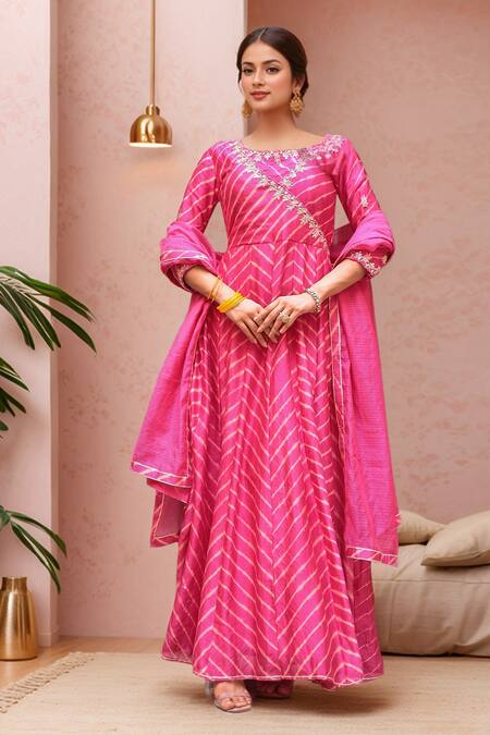Buy Pink Anarkali Chanderi Embroidered Zardozi Leheriya Pattern With ...