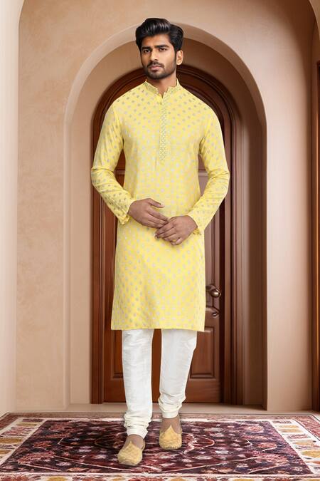 Buy Yellow Kurta Brocade Woven Quad Fleur Motif With Churidar For Men ...