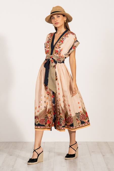 Buy Multi Color Linen Plunge Neck Multicolor Botanic Print Belted Midi ...