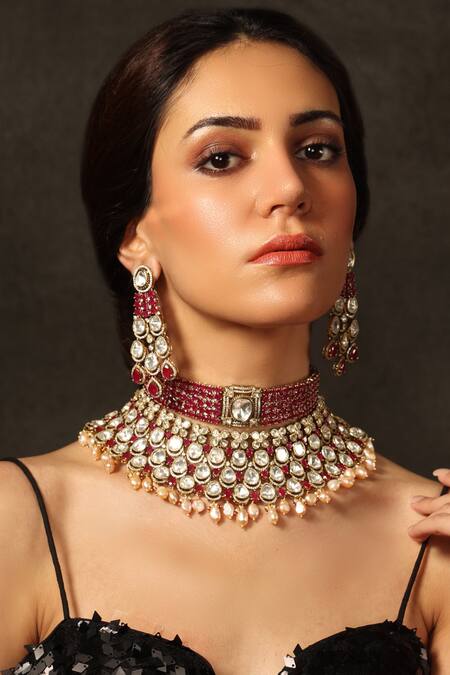 Buy Joules by Radhika Gold And Red Thread Necklace Jewellery Set Online ...