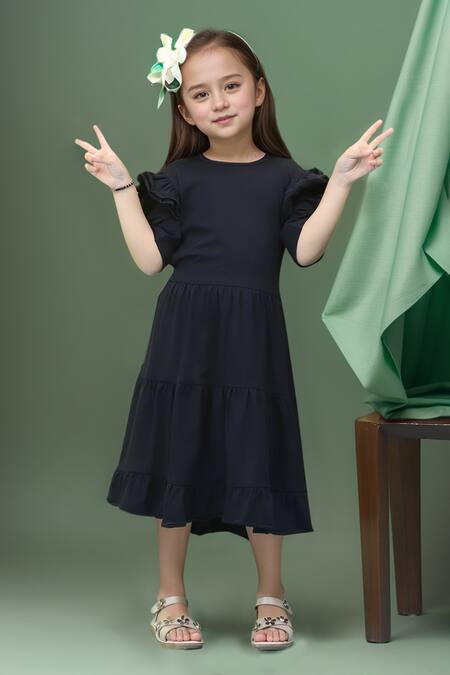 Buy Blue Cotton Solid Knee-length Dress With Ruffle Sleeves For Girls ...