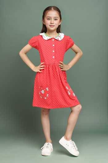 Buy Coral Cotton Embroidery Aop Knee-length Dress For Girls by Samyukta ...
