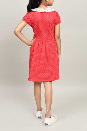 Buy Coral Cotton Embroidery Aop Knee-length Dress For Girls by Samyukta ...