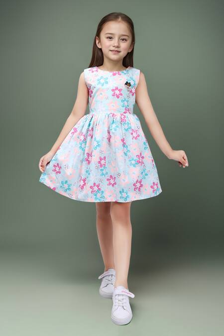 Buy Blue Poplin Floral Print Sleeveless Dress For Girls by Samyukta ...