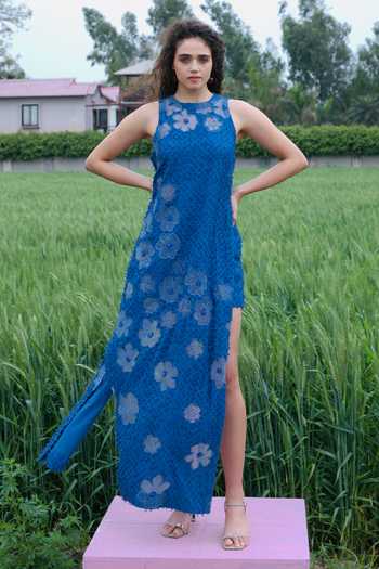 Buy Blue Cotton Embroidery Round Neck Floral Dobby Long Top For Women ...