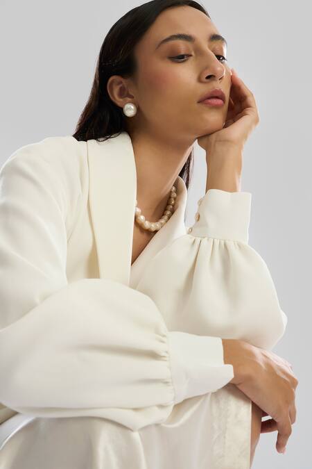 Buy Ivory Crepe V-neck Solace Jacket For Women by Aroka Online at Aza ...