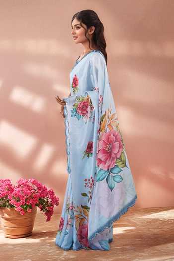 Buy Blue Chinon Mirrors Printed Saree With Unstitched Blouse Piece For ...