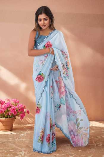 Buy Blue Chinon Mirrors Printed Saree With Unstitched Blouse Piece For ...