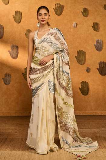 Buy Ivory Silk Foil Printing, Rainbow Muse Gota Saree With Unstitched ...