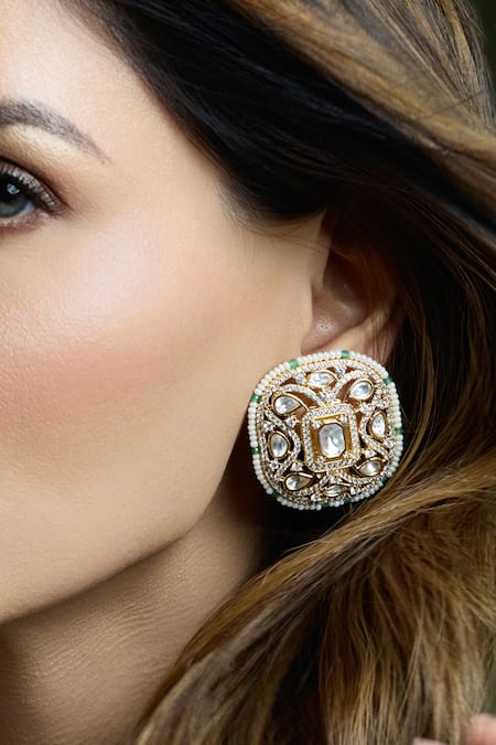 Buy Gold Plated Pearls, Stones Emerald Bloom Polki Stud Earrings by Joules By Radhika Online at ...