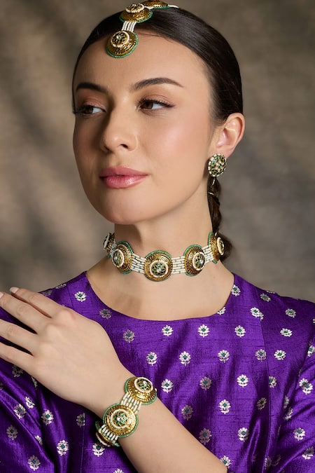 Buy Gold Plated Pearls, Stones Emerald Bloom Choker Necklace Set by Joules By Radhika Online at ...
