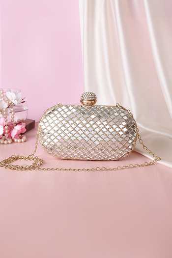 Buy Silver Rhinestones, Mirrors Work Oval Clutch Bag With Sling by ...
