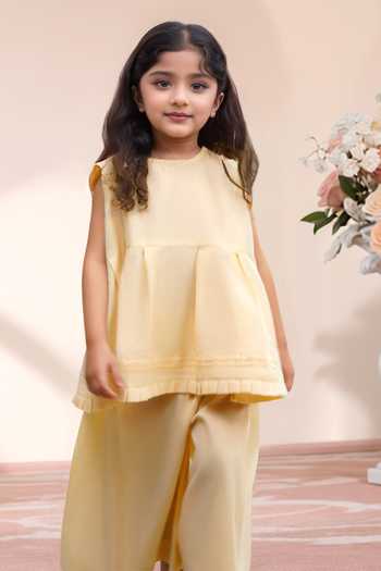 Buy Cream Rayon Pleated Top With Pant For Girls by Petite Pomme Online ...