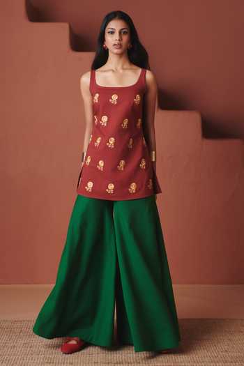 Buy Red Cotton, Linen Embroidery Square Neck Brick Paan Sleeveless ...