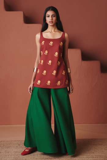 Buy Red Cotton, Linen Embroidery Square Neck Brick Paan Sleeveless ...