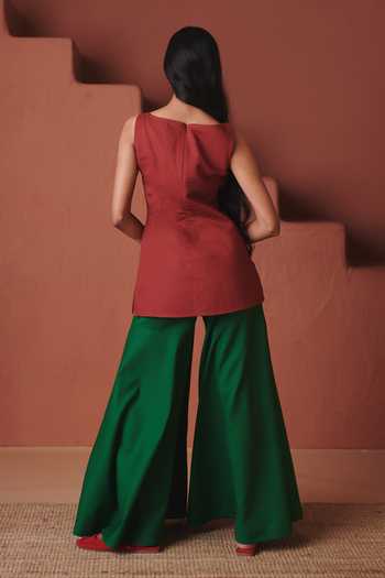 Buy Red Cotton, Linen Embroidery Square Neck Brick Paan Sleeveless ...