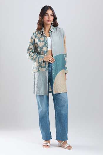 Buy Blue Collared Flower Placement Print Shirt For Women by Divyam ...