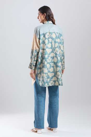 Buy Blue Collared Flower Placement Print Shirt For Women by Divyam ...