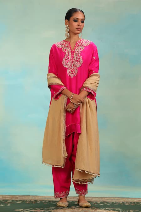 Buy Pink Silk, Tissue Zari, Pearls, Embroidery, Pom-poms V-neck And Kurta Dhoti Set For Women by ...