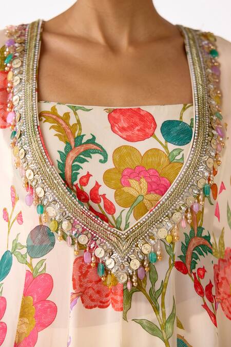 Buy Ivory Georgette Sequins, Mirrors, Beads, Floral Print Kalidar Kurta ...
