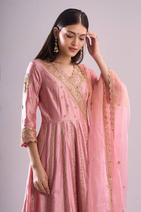 Buy Rose Gold Embroidery, Sequins, Gota Patti, Zari V-neck Angarkha Set ...