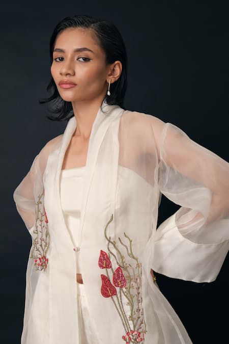 Buy White Silk Organza Embroidery Open Neck Fluer Sheer Jacket For ...