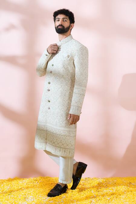 Buy White Georgette, Polyester, Viscose Sequins, Embroidery, Sherwani ...