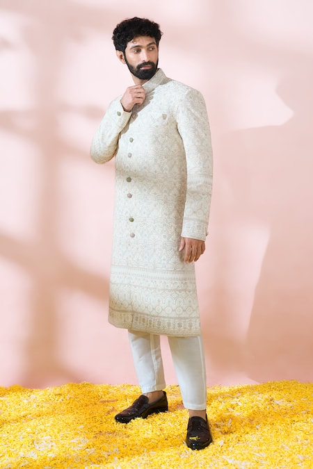 Buy White Georgette, Polyester, Viscose Sequins, Embroidery, Sherwani ...