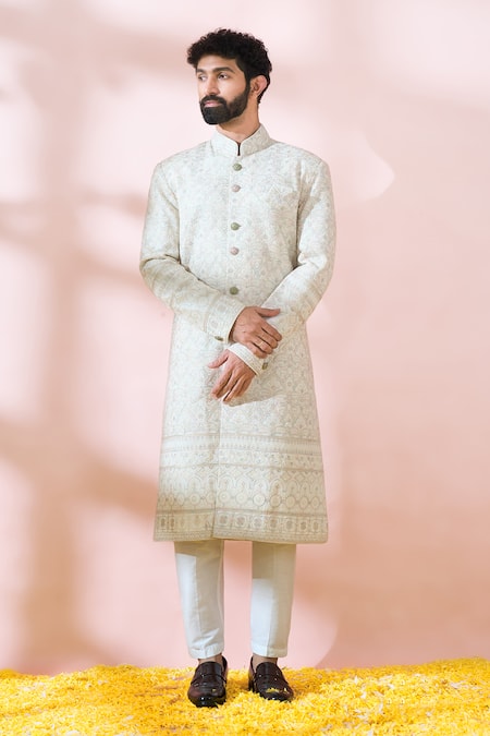 Buy White Georgette, Polyester, Viscose Sequins, Embroidery, Sherwani ...