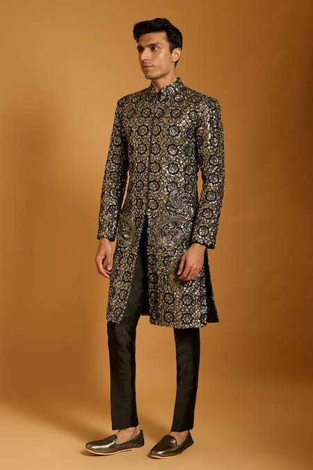 Buy Black Silk Sequins, Embroidery Floral Work Sherwani Set For Men by ...