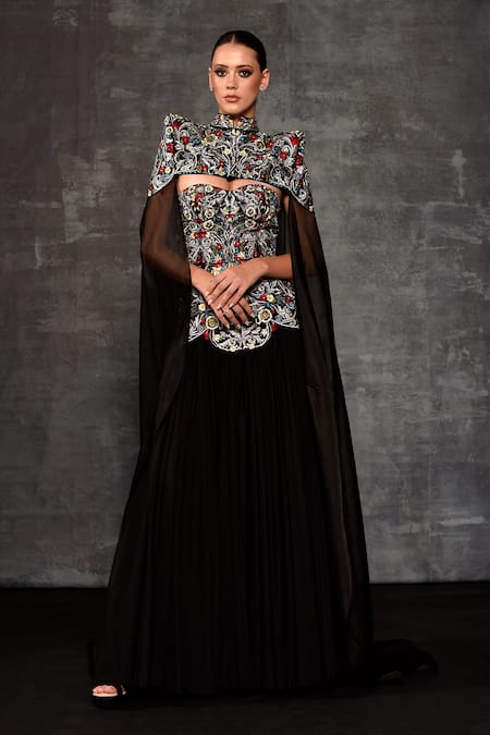 Buy Black Organza, Silk, Cotton Embroidery Regal Tapestry Gown With ...