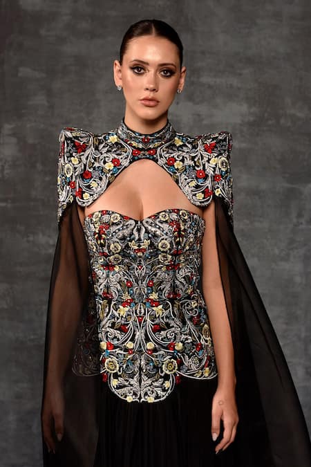 Buy Black Organza, Silk, Cotton Embroidery Regal Tapestry Gown With ...