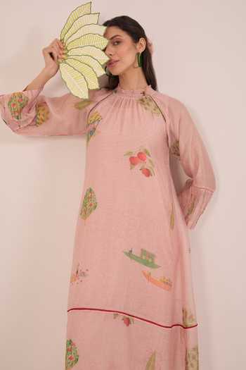 Buy Pink Silk, Chanderi High Neck Gulposh Whispering Orchard Raglan ...