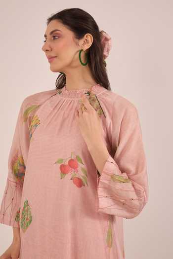 Buy Pink Silk, Chanderi High Neck Gulposh Whispering Orchard Raglan ...