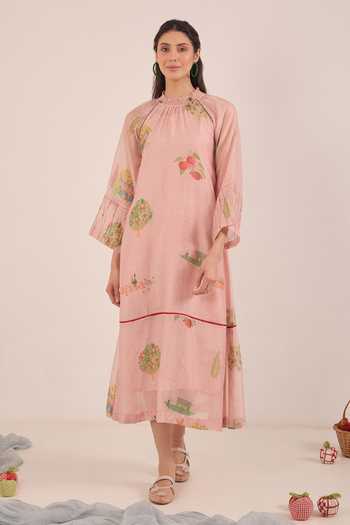 Buy Pink Silk, Chanderi High Neck Gulposh Whispering Orchard Raglan ...