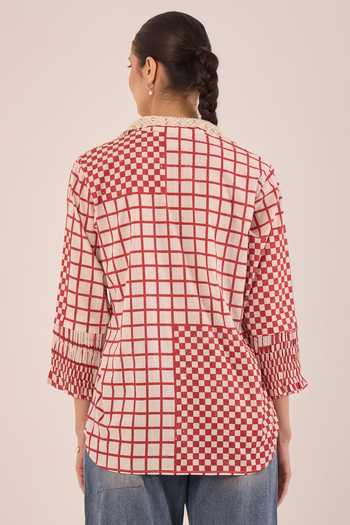 Buy Red Cotton Collared Neck Aarol Checkered String Shirt For Women by ...