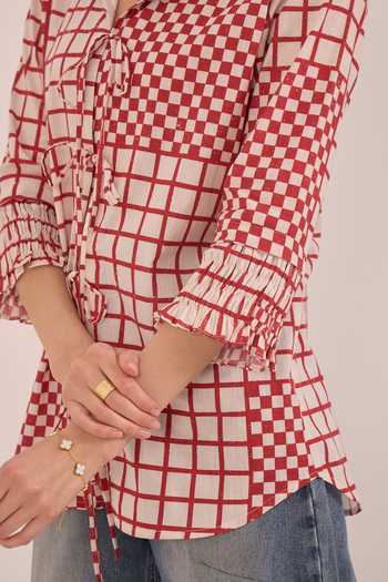 Buy Red Cotton Collared Neck Aarol Checkered String Shirt For Women by ...
