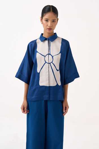 Buy Cobalt Chanderi Collared Neck Floral Applique Shirt For Women by ...