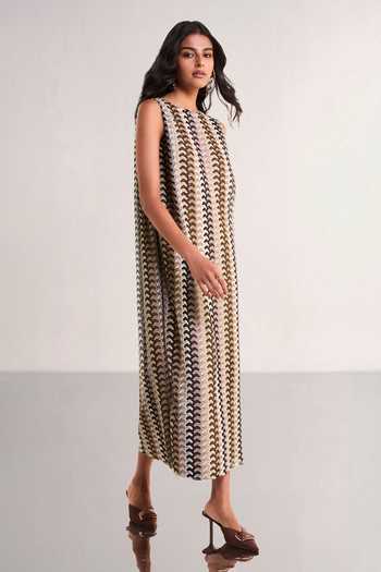 Buy Multi Color Polyester Boat Neck Crochet Knit Back Knot Midi Dress ...
