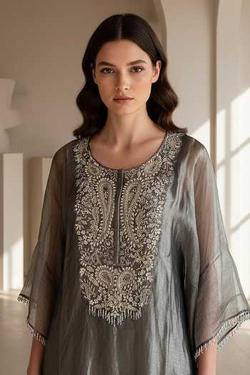 Buy Grey Tissue Scoop Neck, Yes Embroidered Kurta And Palazzo Set For ...
