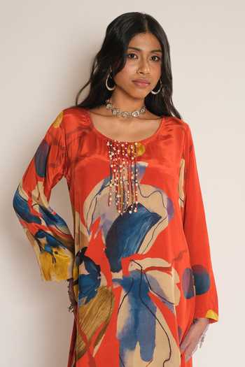 Buy Red Crepe, Viscose Round Neck Floral Print Asymmetric Tunic For ...