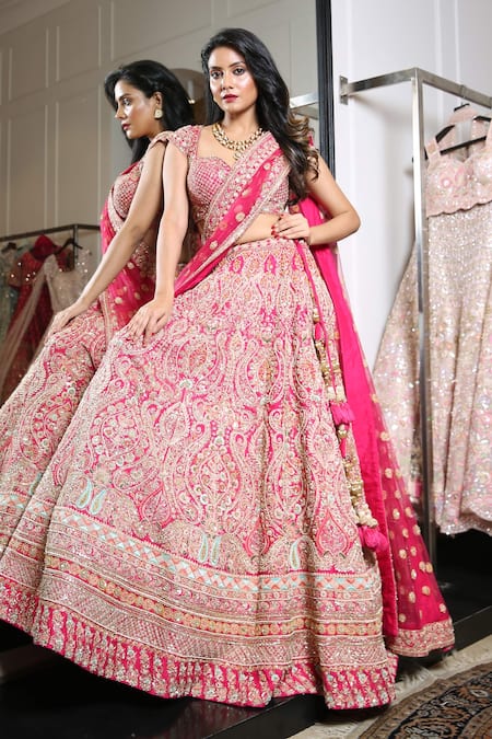 Buy Pink Raw Silk Embroidered Floral Leaf Neck Bridal Lehenga Set For ... Buy Pink Raw Silk Embroidered Floral Leaf Neck Bridal Lehenga Set For ...